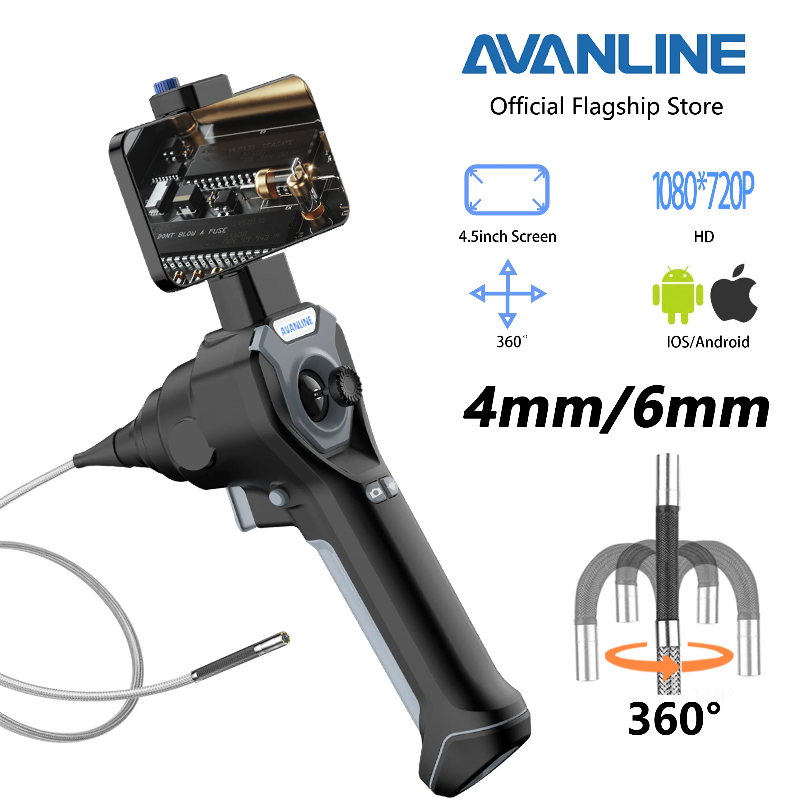 4mm 360° Articulating Borescope IOS/Android Industrial Endoscope 720p ...