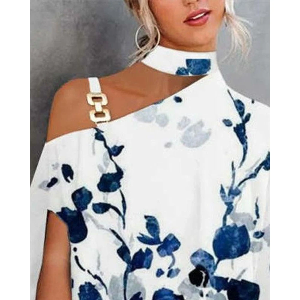 Women Print Chain Strap Half Sleeve Fashion Batwing Sleeve Blouse