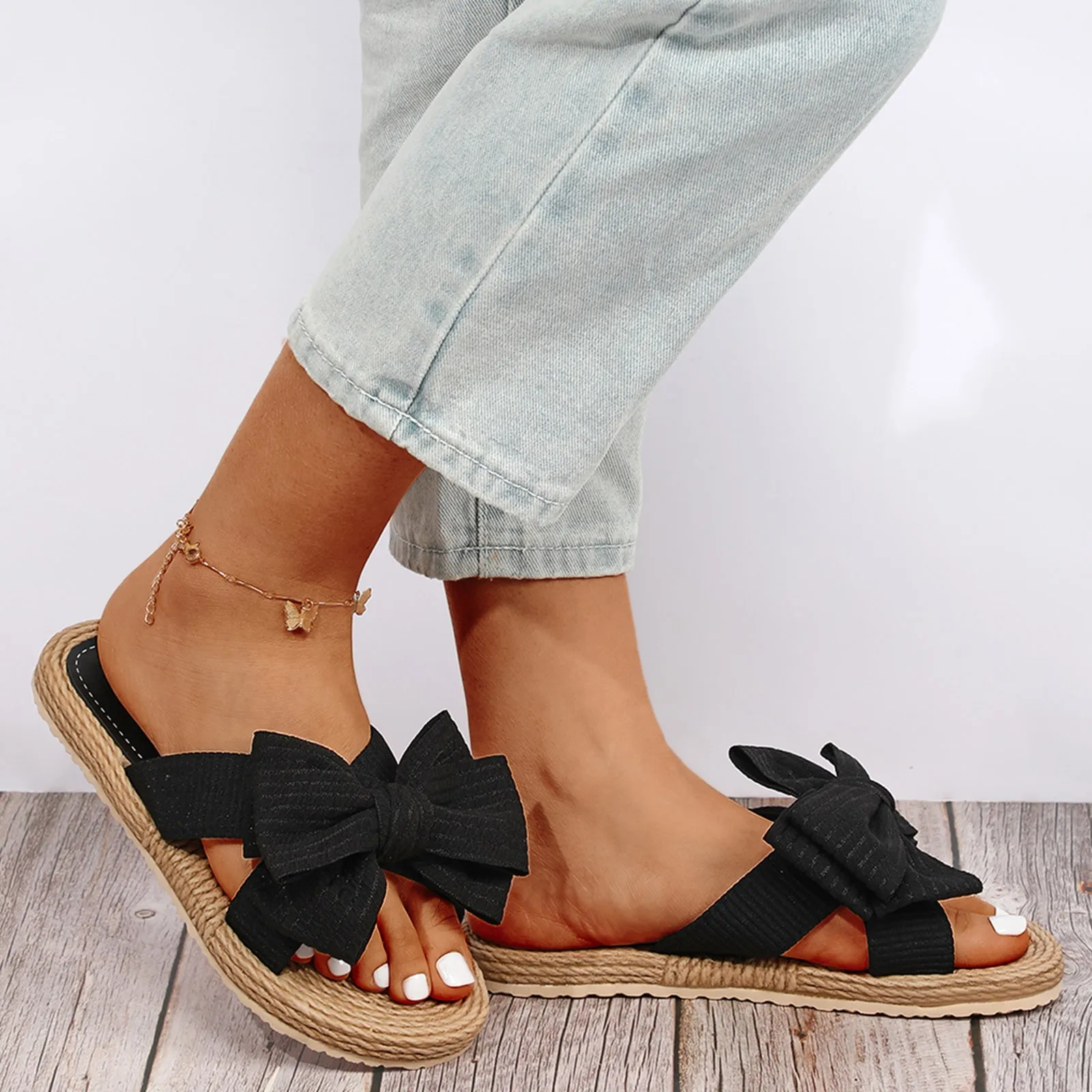 Fashion-Flat-Women-Slippers-Linen-Sole-Bow-Slippers-Outdoor-Beach ...