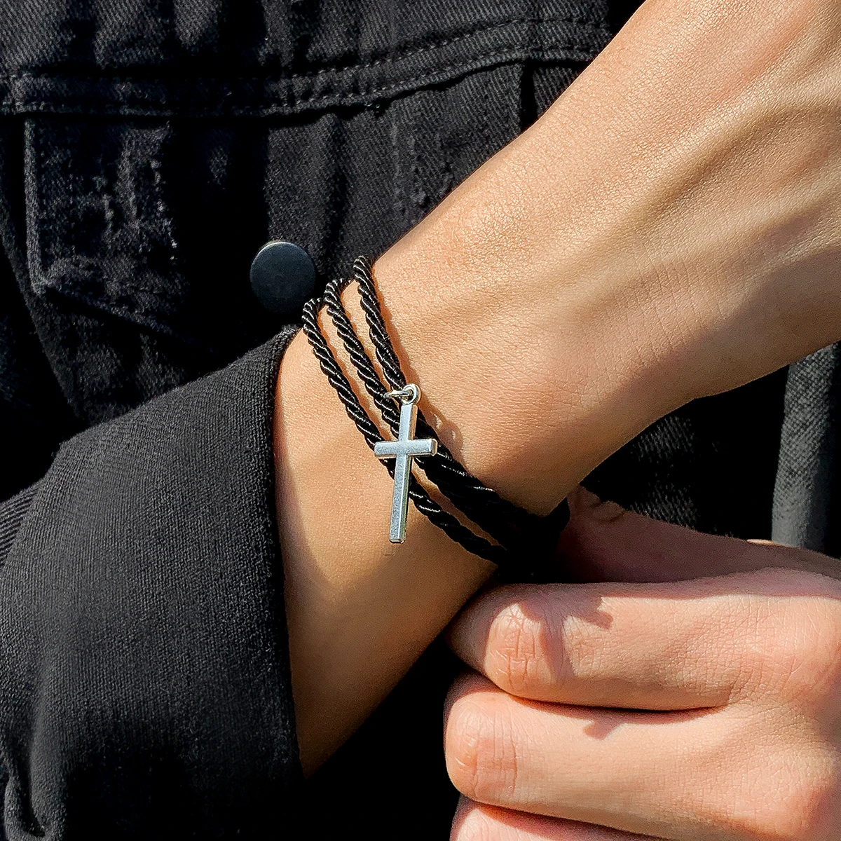 Layered-Black-Cotton-Thread-Chain-with-Cross-Pendant-Bracelets-Men ...