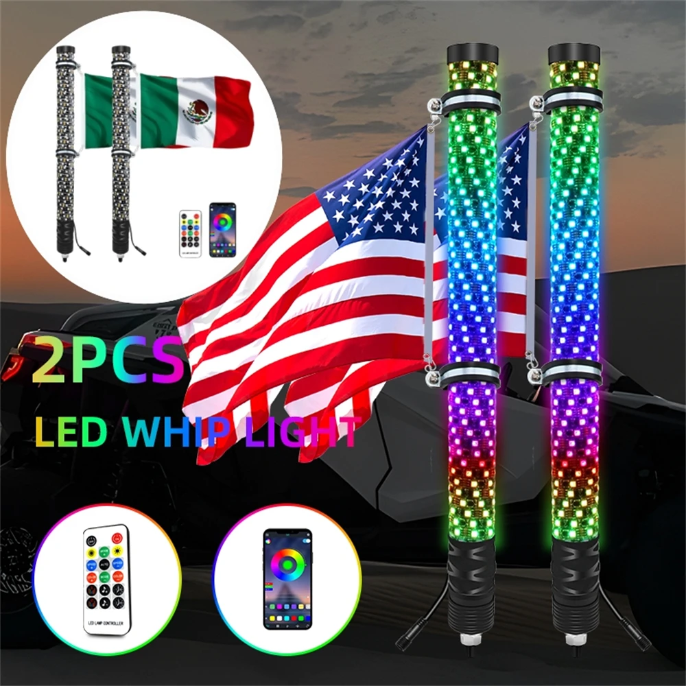 2PCS-RGB-LED-Antennas-RZR-2FT-LED-Whip-Lights-App-Remote-Control-Spiral ...