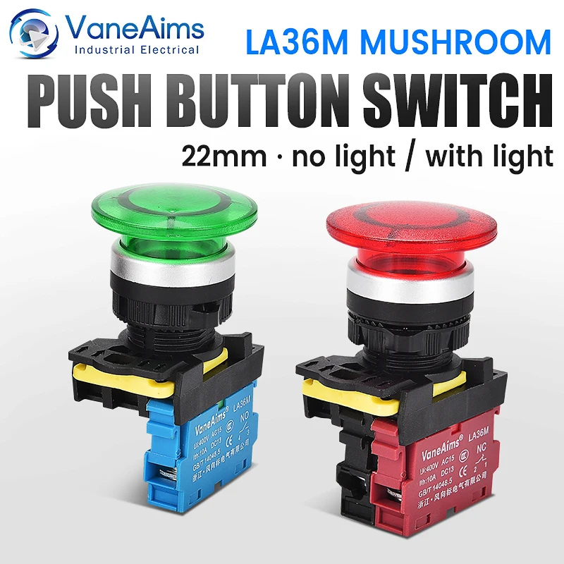 22mm LA36M Mushroom Button Switch with LED Latching Momentary Self ...