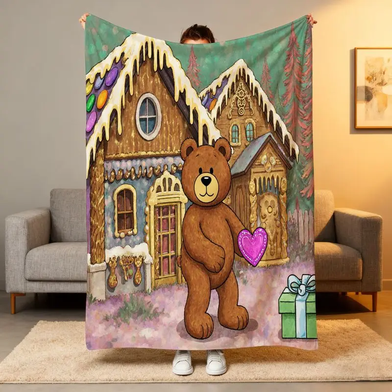 1pc Teddy Bear & Gingerbread House Fleece Blanket - Brown Winter Scene ...