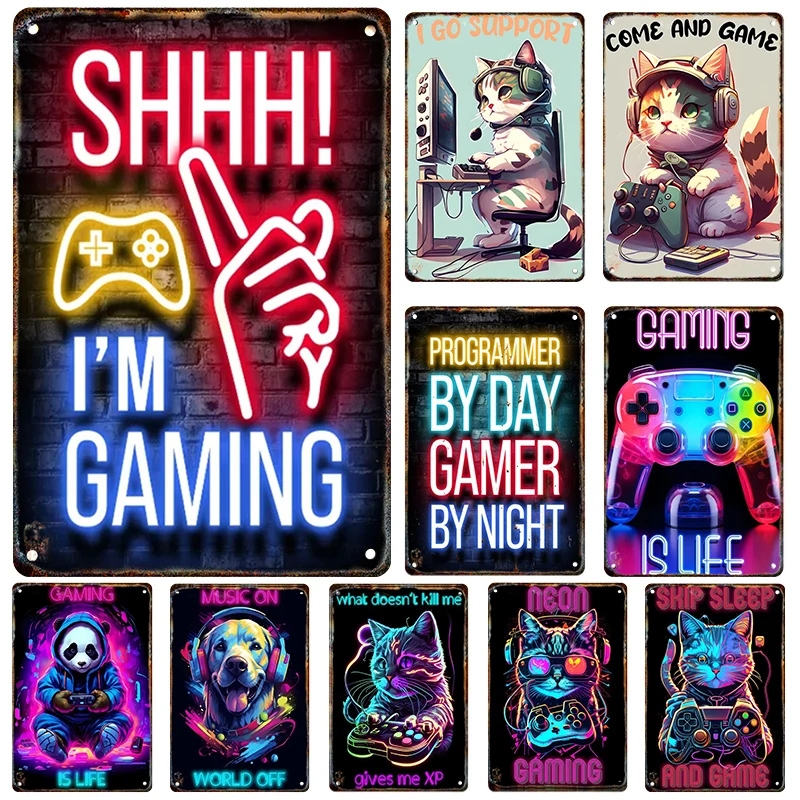 Neon-Gaming-Gamer-Metal-Poster-Signage-Tin-Painting-Vintage-Plaque ...
