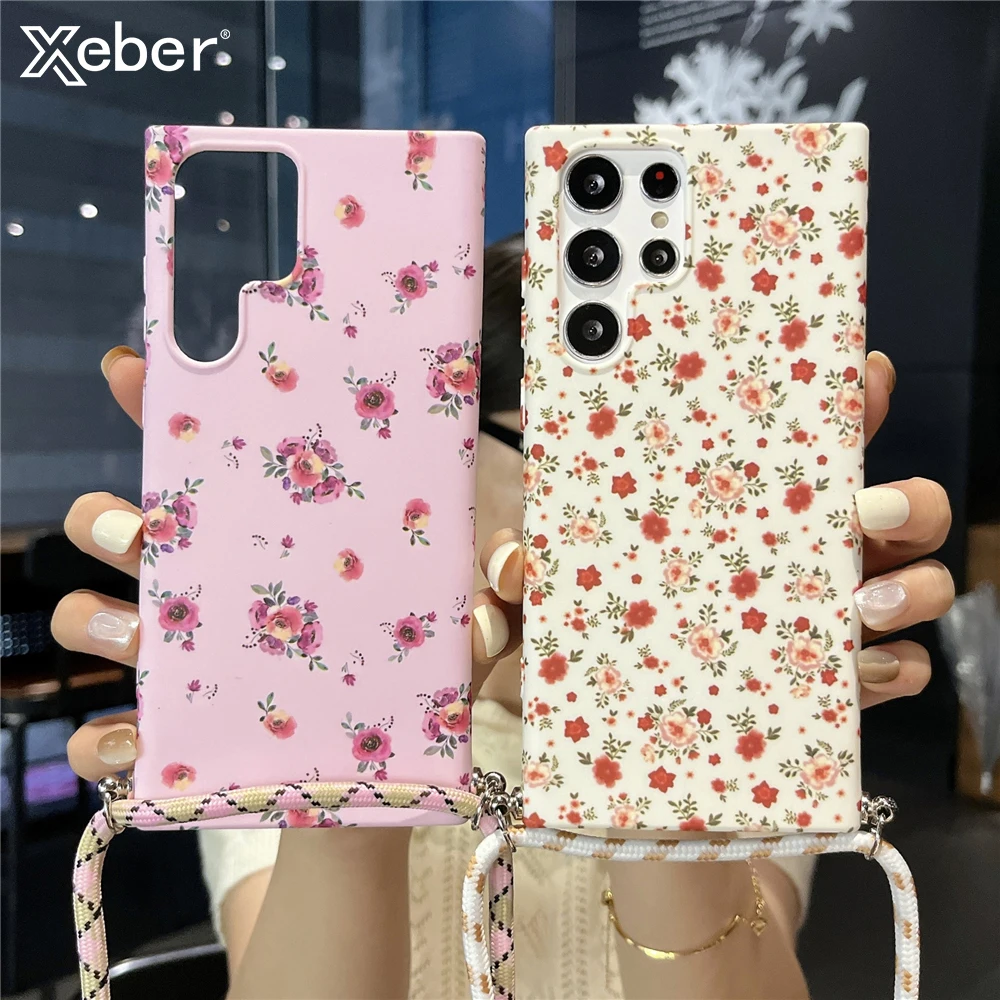 Funda de teléfono con cordón cruzado de flores para Samsung S22 Ultra A53 A33 A52 A32 A22 A12 ...