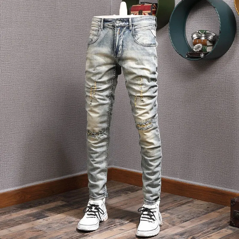 Streetwear-Fashion-Men-Jeans-Retro-Yellow-Blue-Elastic-Slim-Fit-Ripped ...