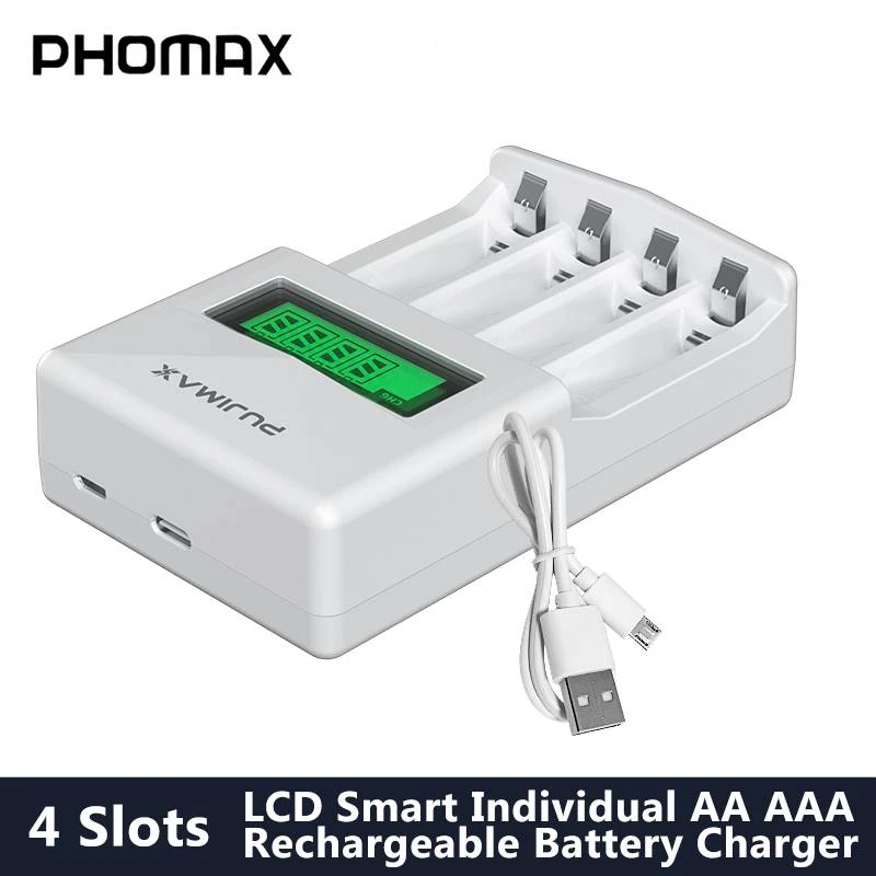 شاحن بطارية PHOMAX ذكي مستقل من 4 فتحات Ni mh شاشة LCD لبطاريات قابلة ...