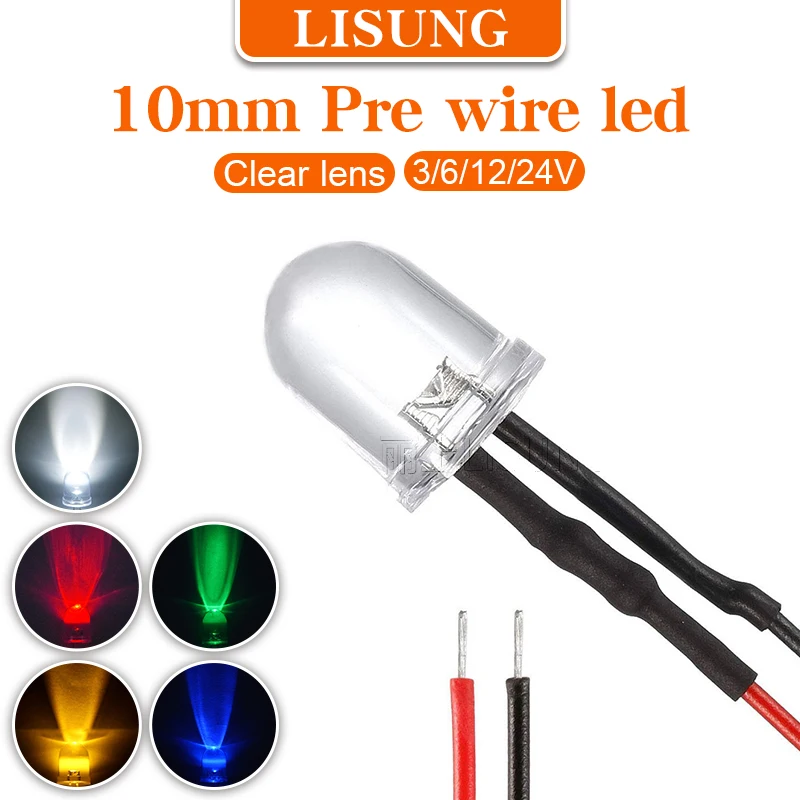 Dc-3v-6v-12v-24v-Single-Pre-Wire-10mm-Led-Light-Red-White-Blue-Yellow ...