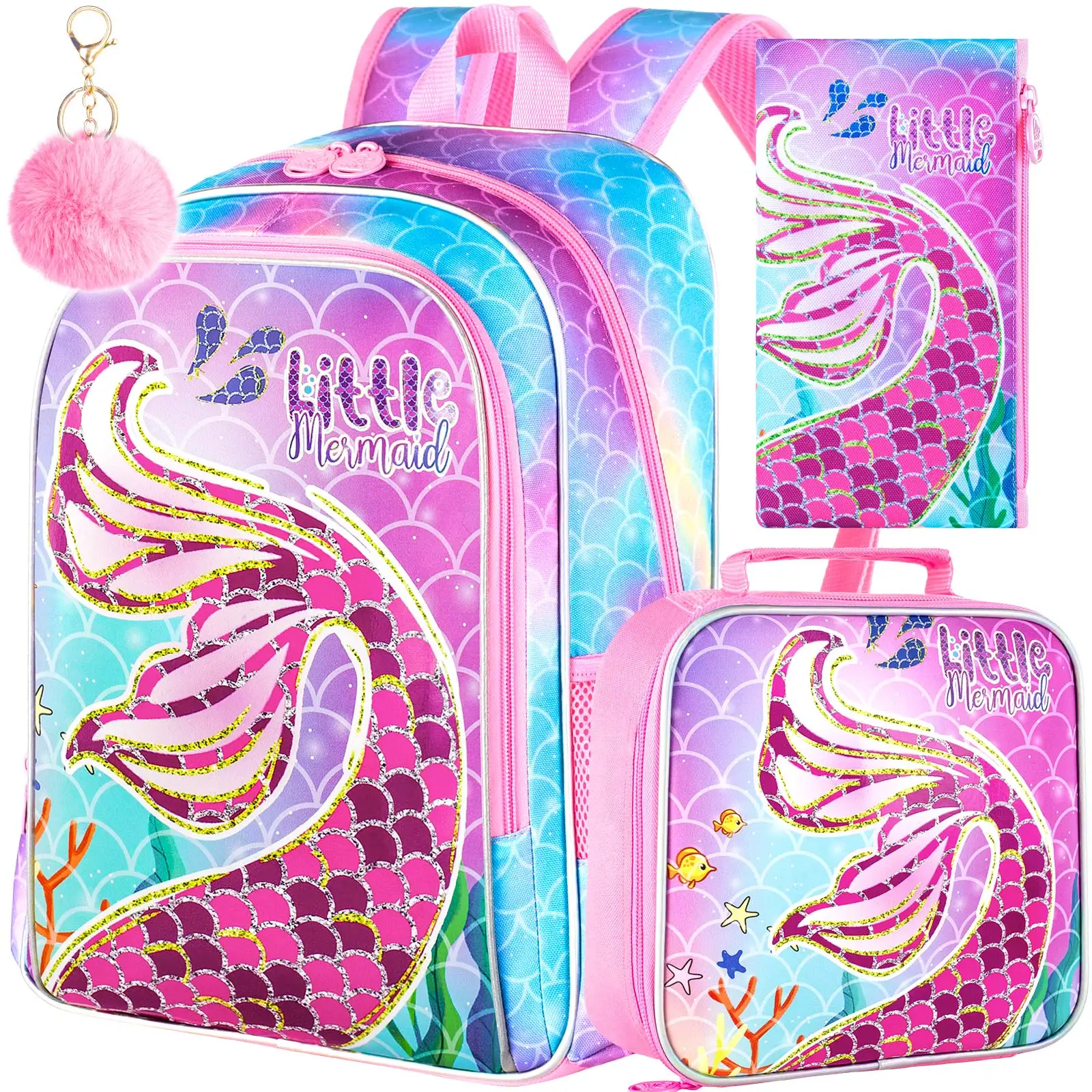 3PCS-Kids-Backpacks-for-Girls-16-Little-Kid-Mermaid-Backpack-Preschool ...