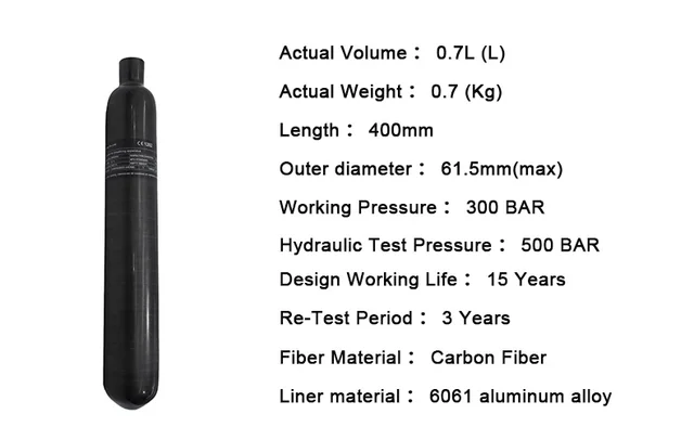 0.7L 700cc 30Mpa 300Bar 4500Psi Carbon Fiber Cylinder HPA Tank Thread ...