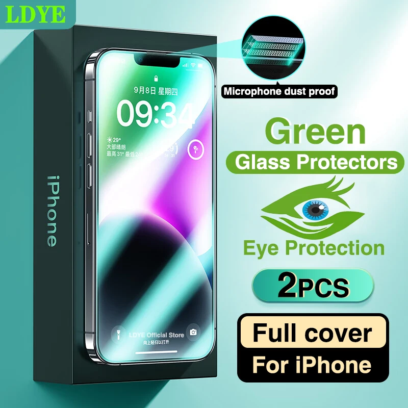 2PCS-High-end-Green-Eye-Protection-Tempered-Glass-For-iPhone-14-13-12 ...