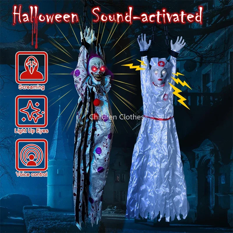 Halloween-Animatronics-Decoration-Hanging-Clown-Nurse-Voice-Control ...