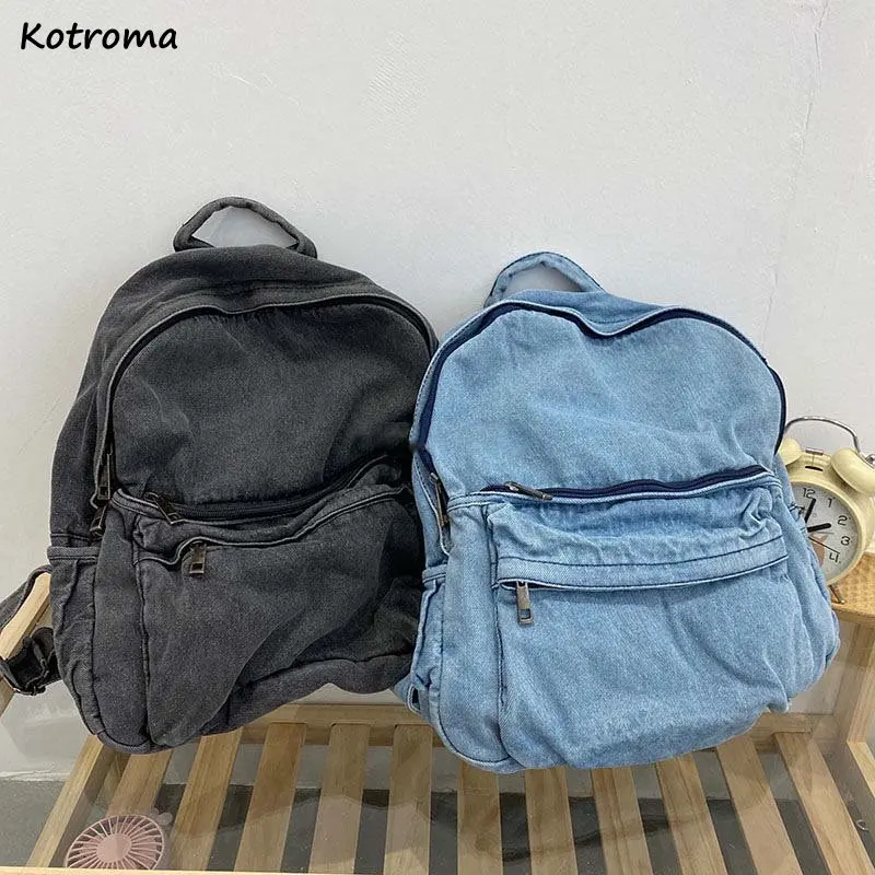 Vintage-Washed-Denim-Backpacks-Couple-Daily-All-match-Casual-Zippers ...