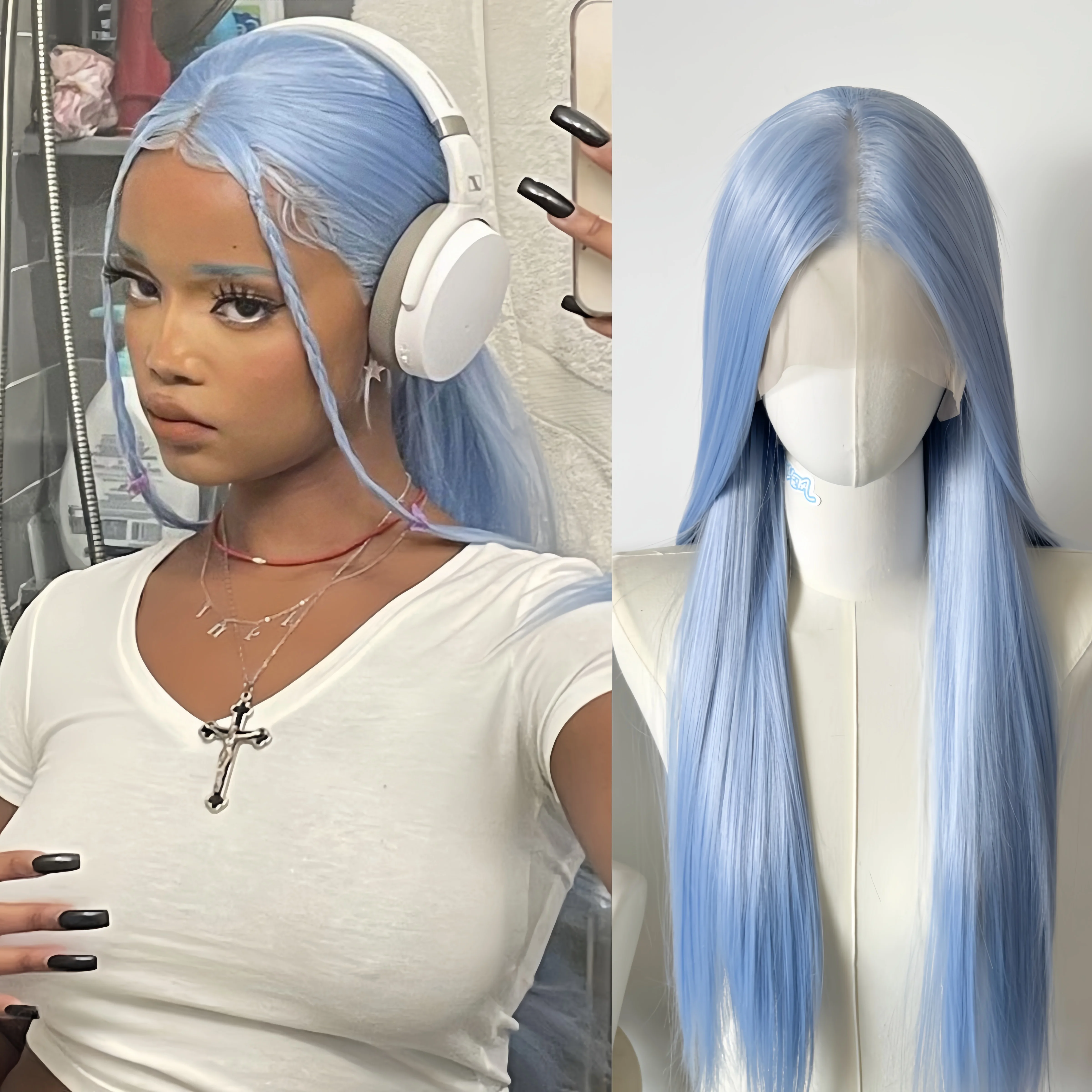 Baby Blue Wig 26inch Long Straight Light Blue Wigs 13*4 HD Lace Front ...