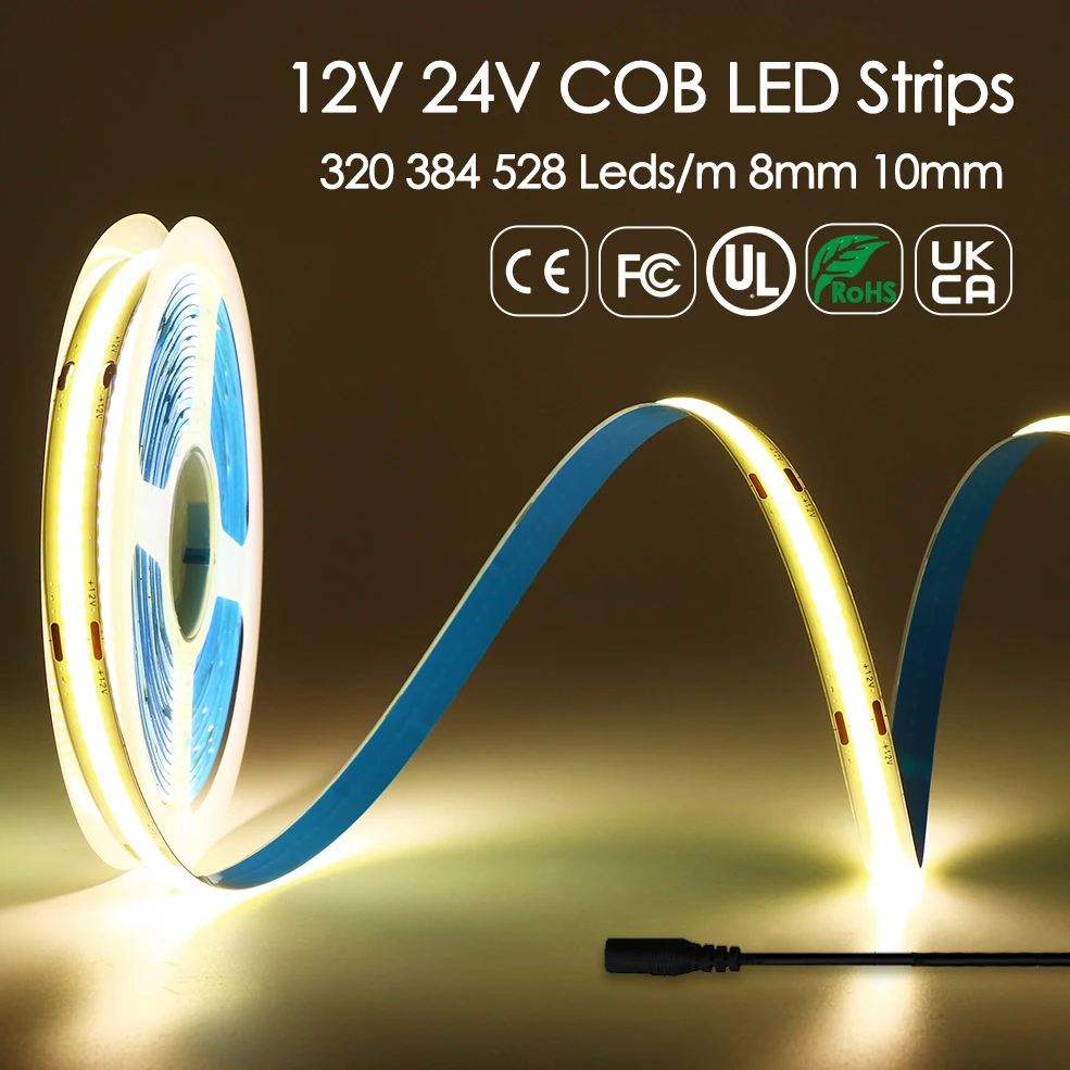 Led Strip Lights COB 12V 24V Dimmable Flexible Led Tape Ribbon 320 384 528 COB Lighting 8mm 10mm ...