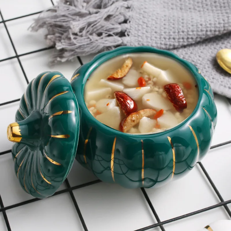 Ceramic Pumpkin Bowl with Lid Creative Soup Cup Steamed Egg Bird's Nest ...