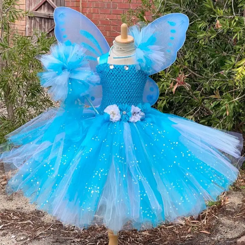 Girls-Blue-White-Glitter-Tutu-Dress-Kids-Flower-Fairy-Dress-with ...