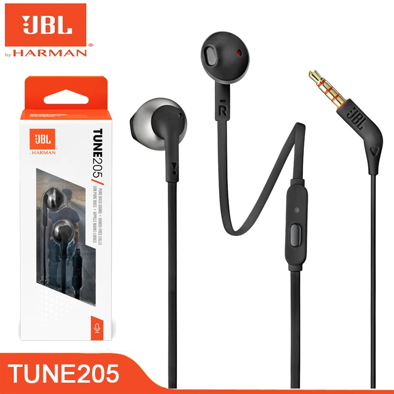 JBL-T205-Pure-Bass-Metal-fones-de-ouvido-com-controle-remoto-de-um-bot ...