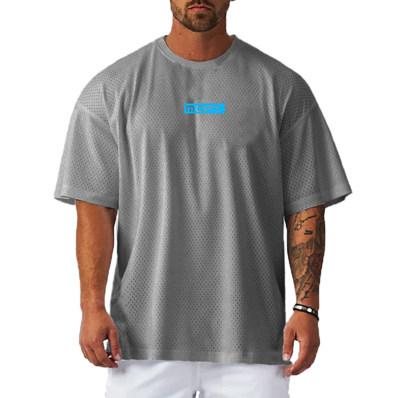 Oversized-Fit-T-shirt-Men-Dropped-Shoulder-Summer-Fitness-Mesh-Loose ...