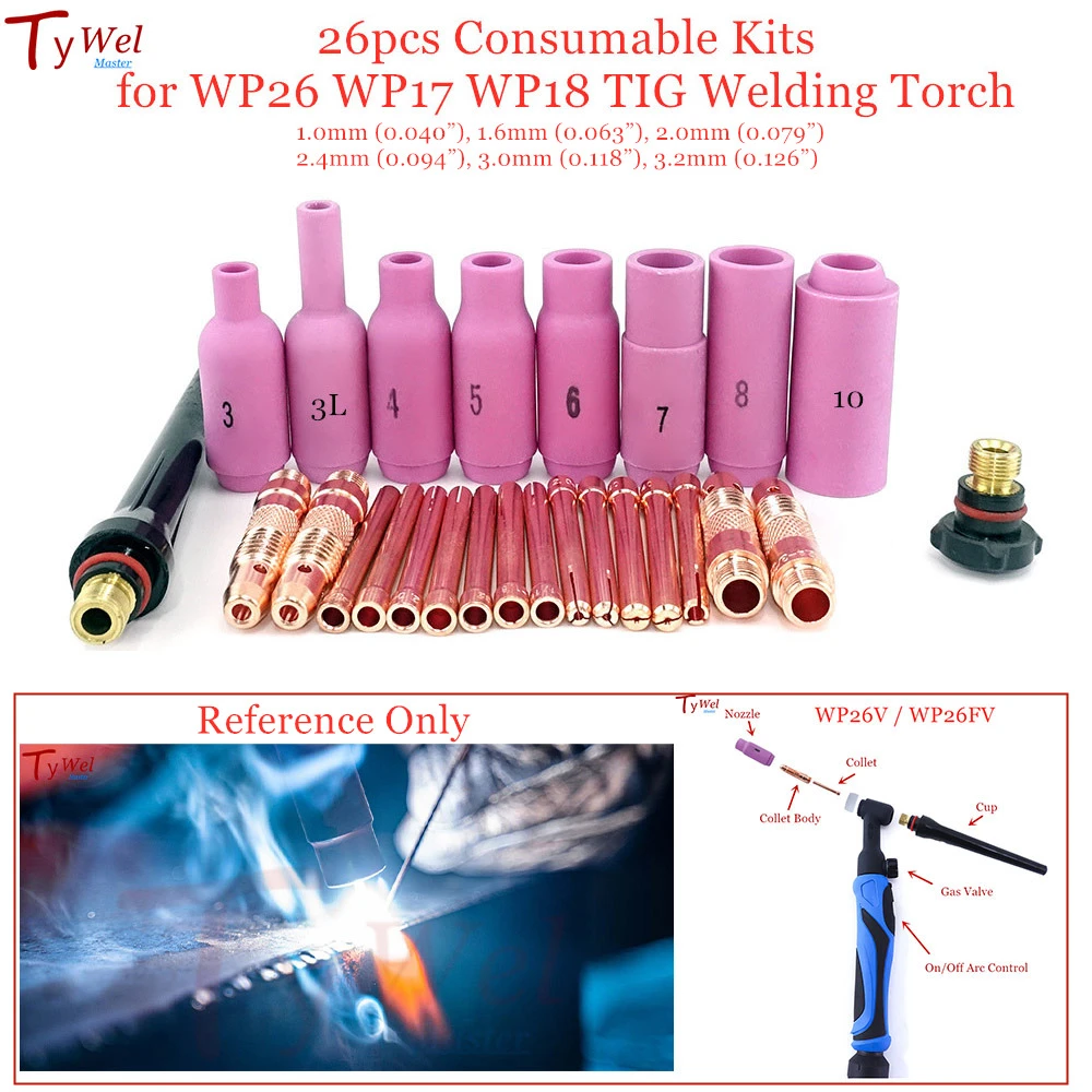 26pcs Argon Tig Welding Torch Consumable Tungsten Electrodes Collet ...