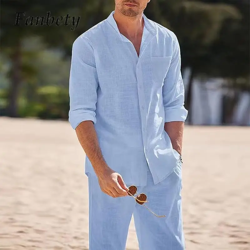 Casual-Cotton-Linen-Men-Two-Piece-Set-Autumn-Solid-Color-Long-Sleeve ...