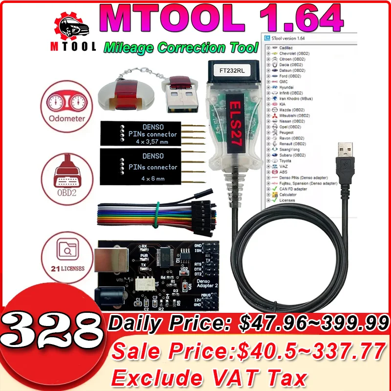 MTool V1.64 Full Set Mileage KM Adjustment Software Dongle +Denso Adapter + Denso Pin Wires ...