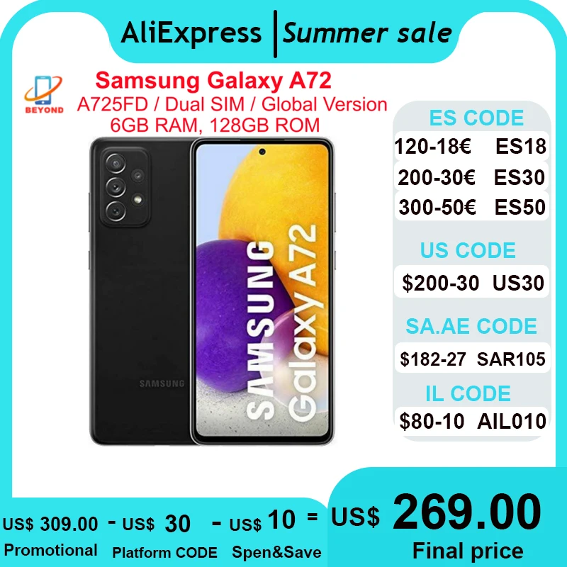 Samsung Galaxy A72 Dual Sim, A725FD, 6,7 ", 6GB RAM, 128GB ROM ...