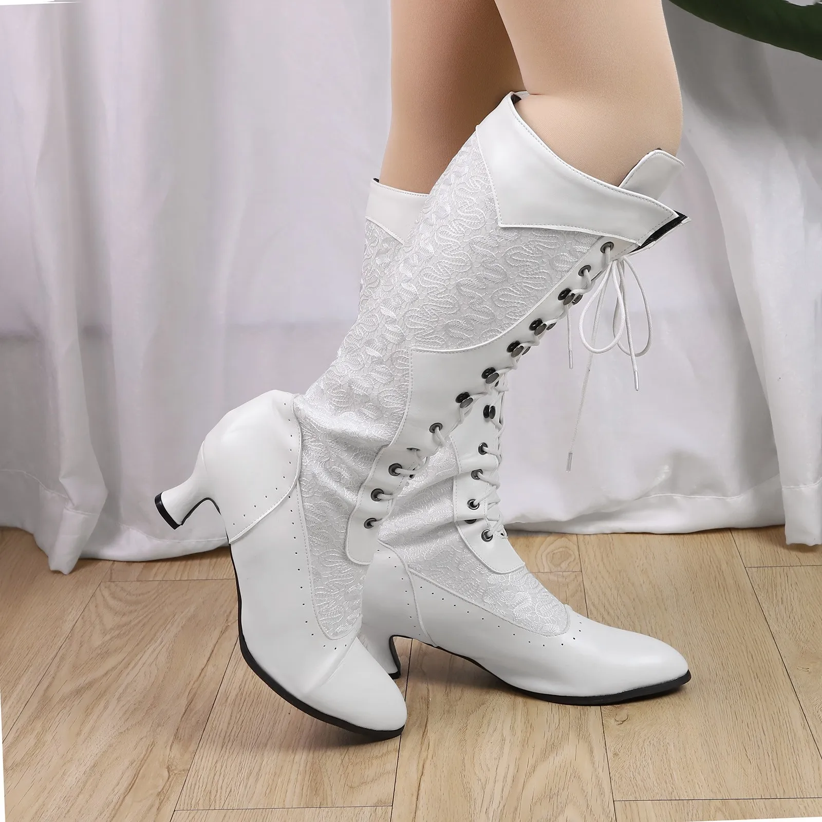 Women-s-Boots-Fashion-White-Lace-Patchwork-Lace-Up-Knee-High-Boots-Side ...