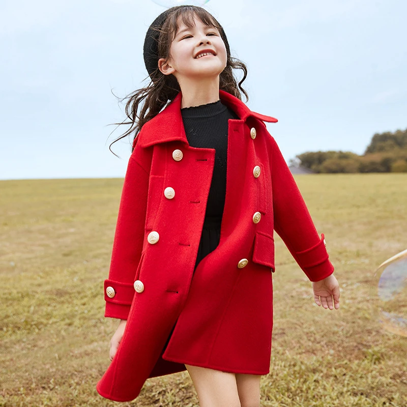 Elegant Girl Wool Long Coat Autumn Winter Kids Clothes Beige Red Black ...