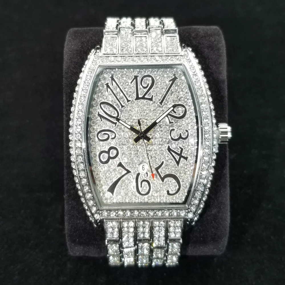 Silver Ice Watch for Men Luxury Brand Tonneau Diamond Quartz Wristwatch ...