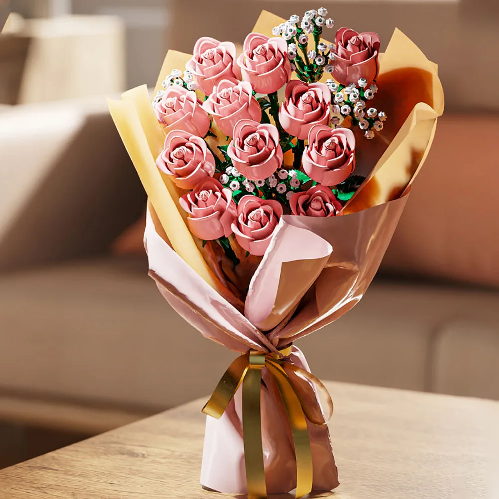 968PCS-Pink-Roses-Romantic-Rose-Flower-Bouquet-Building-Blocks-Creative ...