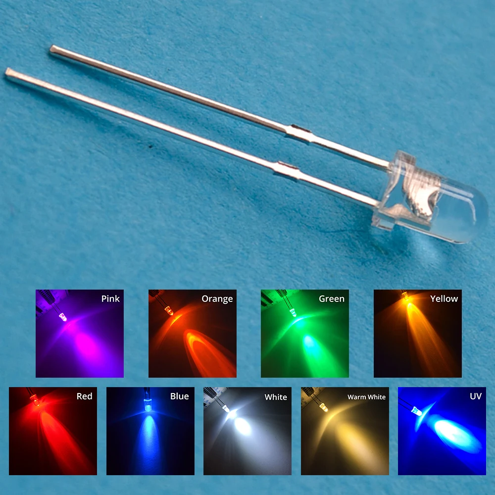 100Pcs-F3-3mm-Round-White-Red-Green-Blue-Water-Clear-Diode-LED ...