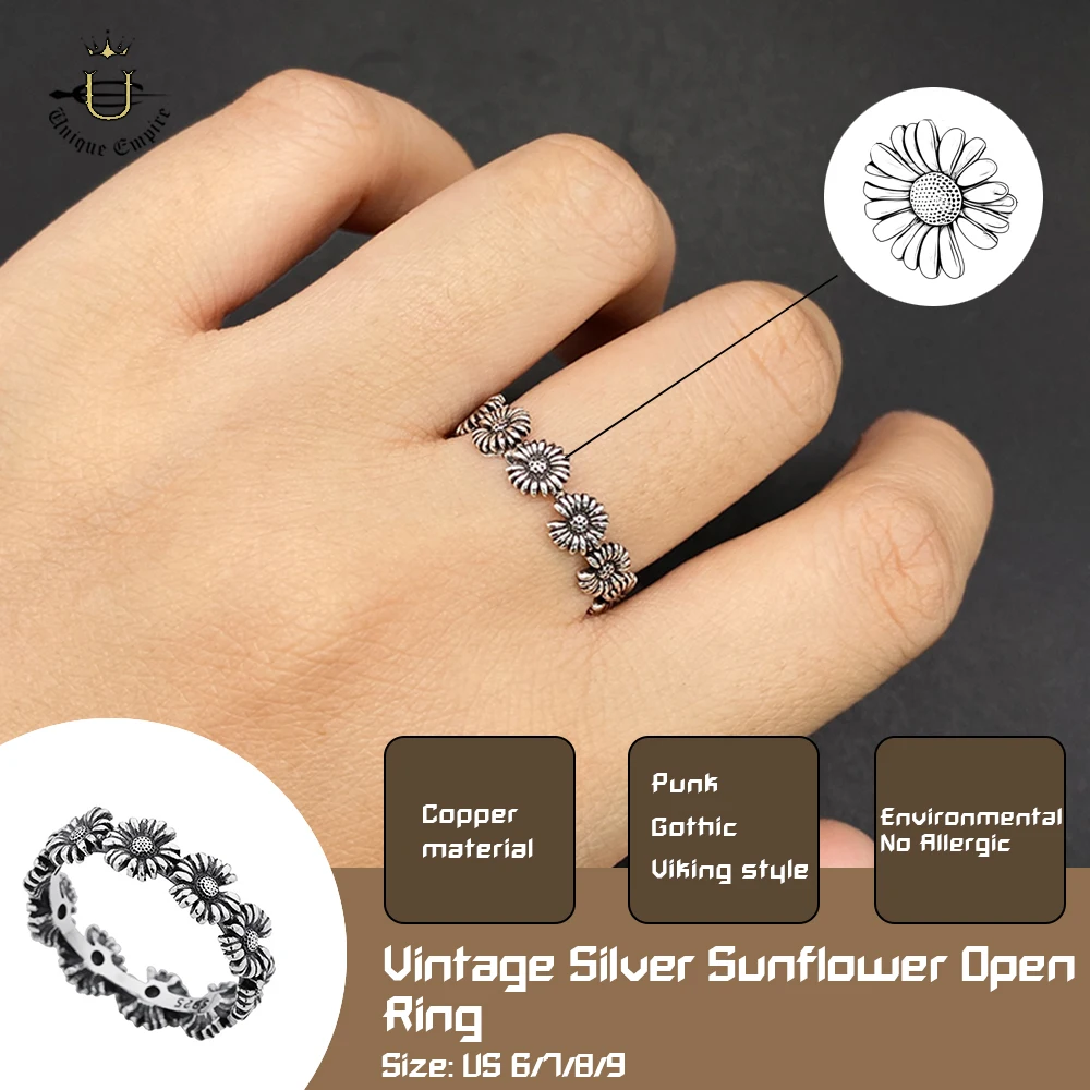 Anillo Abierto Vintage de Plata con Diseño de Girasol, Exquisito Anillo ...