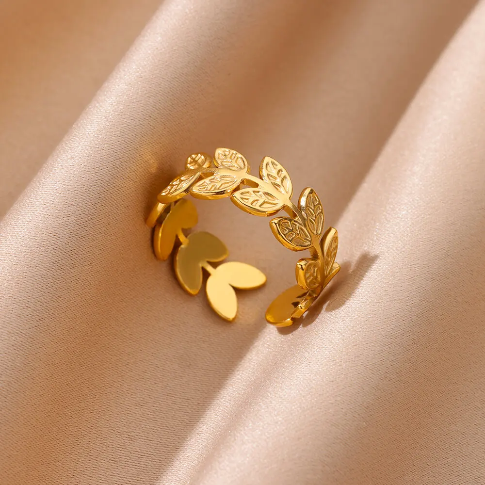 Leaves-Rings-for-Women-Waterproof-Stainless-Steel-Ring-Vintage-Casting-Plant-Aesthetic-Couple ...
