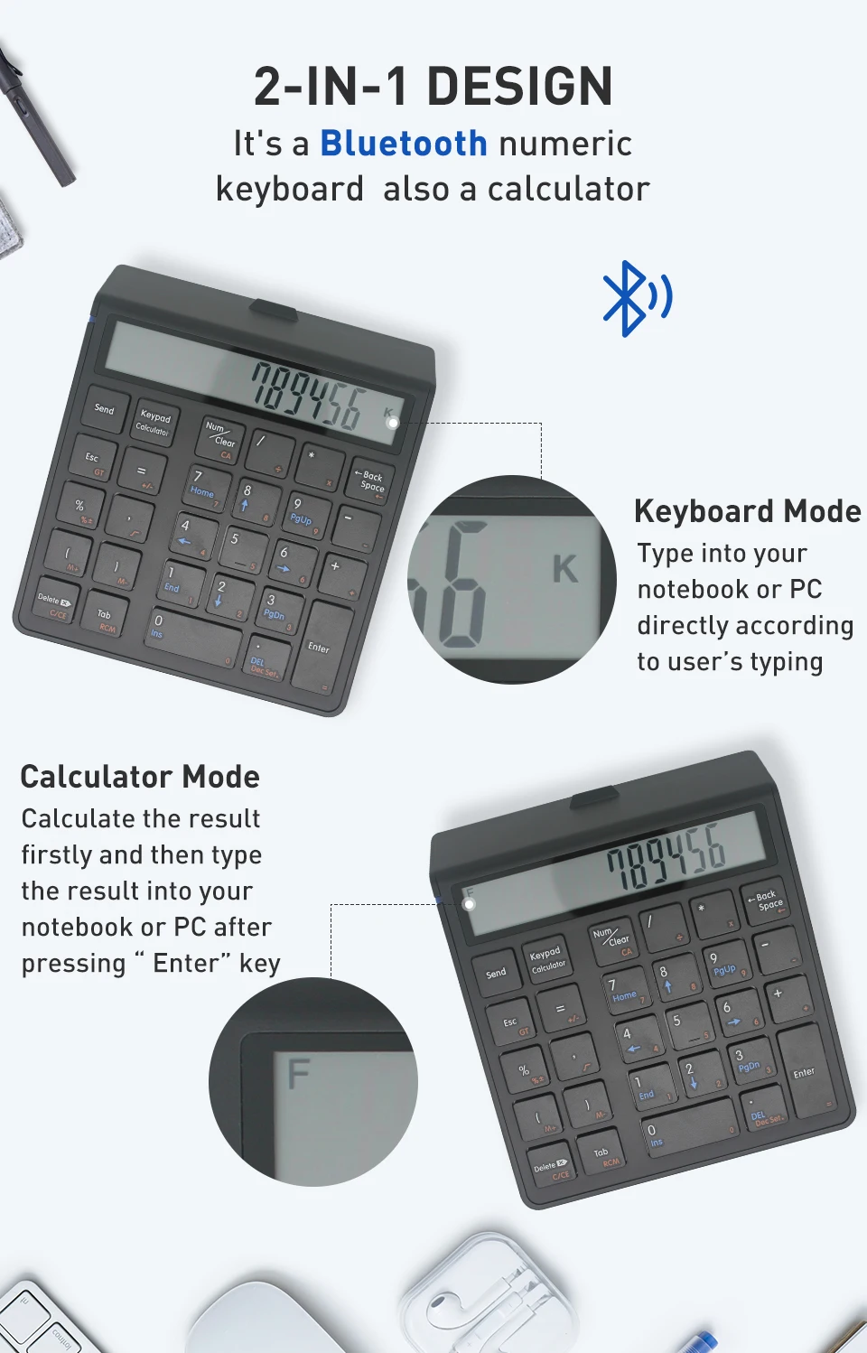 Numeric Keyboard& Calculator 2 in 1 With LCD Display Number Keypad Bluetooth Wireless Electronic ...