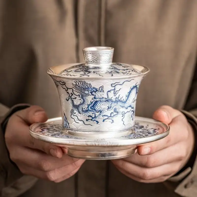Hand-painted 999 Silver Blue and White Dragon Pattern Sancai Cover Bowl ...