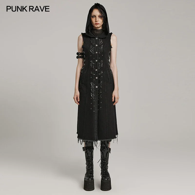 PUNK RAVE Women's Punk Decayed Washed Denim Long Vest Handsome ...
