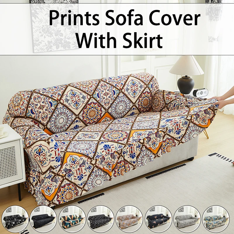 1 PC Printed sofa cover with skirt high elasticity soft hand feel pet ...