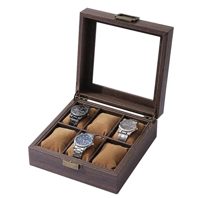 Wood Grain PU Leather Square 6-Bit Watch Storage Collection Display Box ...