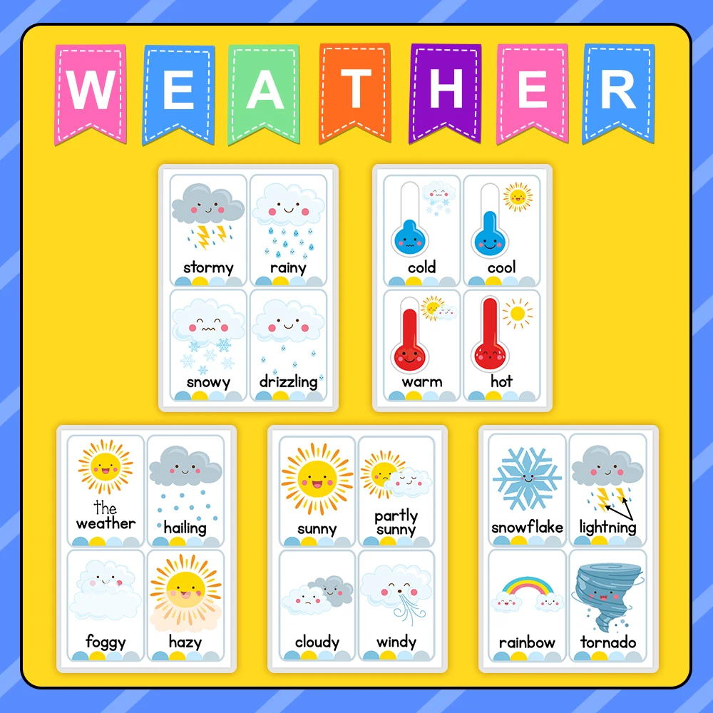5Pcs Learning English Words Poster Flashcards Weather Temperature ...