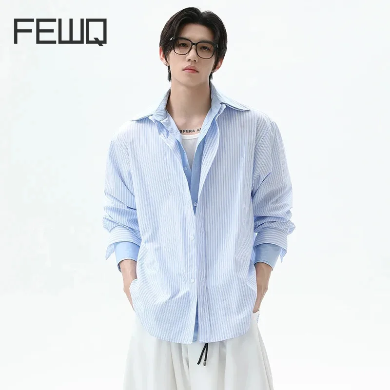 FEWQ Fake Two-piece Men Shirts Double-layer Placket Striped Design Long ...