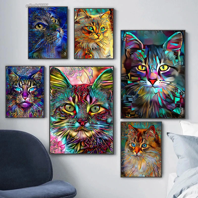 Abstract Colorful Pet Cat Art Poster Cute Animal Cat Graffiti Art ...