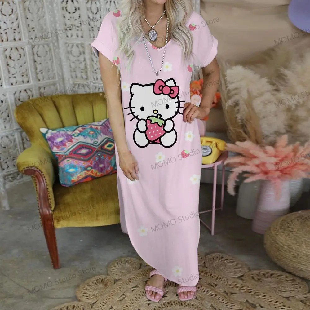 Hello-Kitty-Long-Dresses-V-neck-Robe-Sexi-Clothes-for-a-Woman-Elegant ...