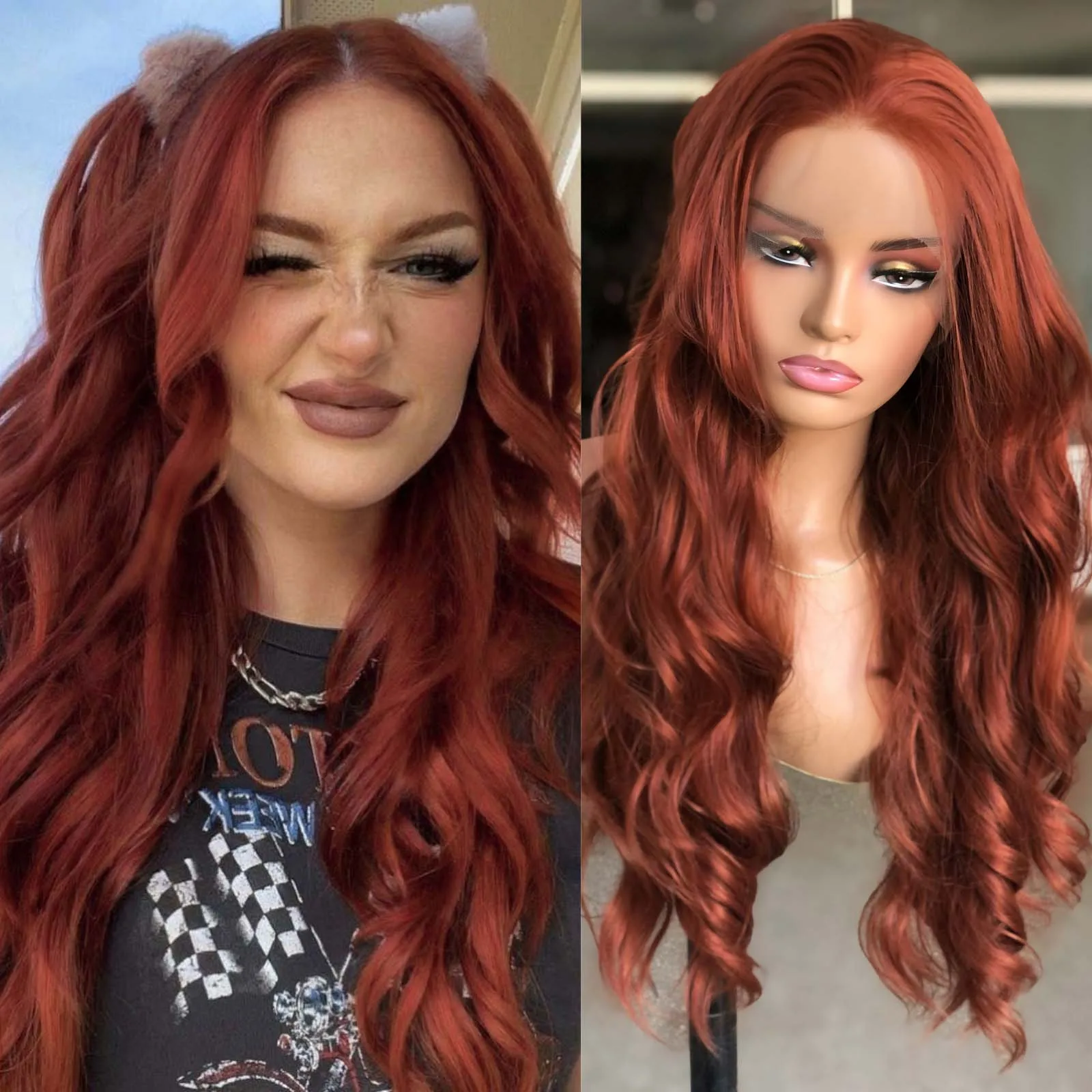 Copper-Red-Wig-Long-Wavy-Synthetic-Lace-Front-Wig-Glueless-Frontal ...