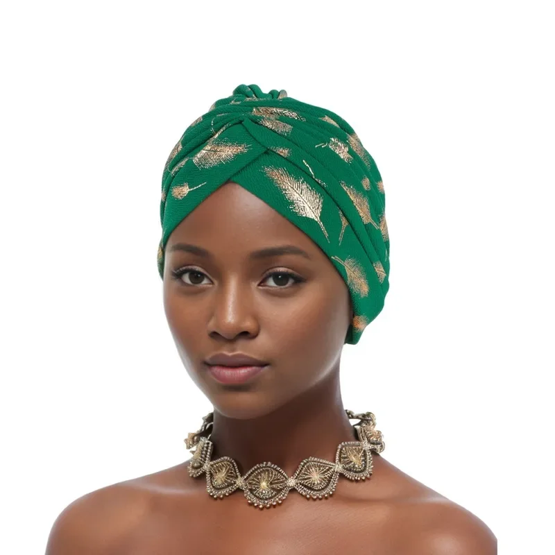 Gold Stamping Feather Turban Cap for Women Ruffle African Wrap Head ...