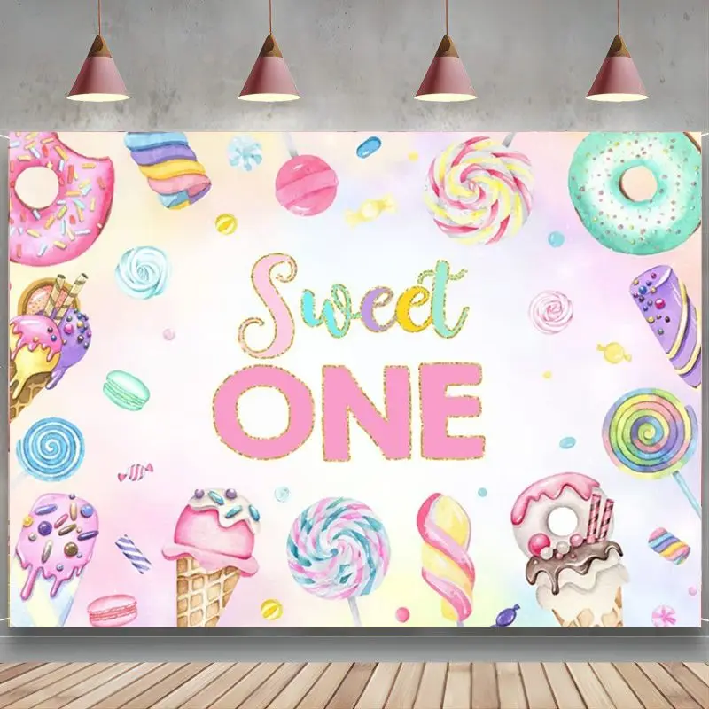 Donut Sweet One Backdrop Birthday Party Girls Pink Sweet Candy First ...