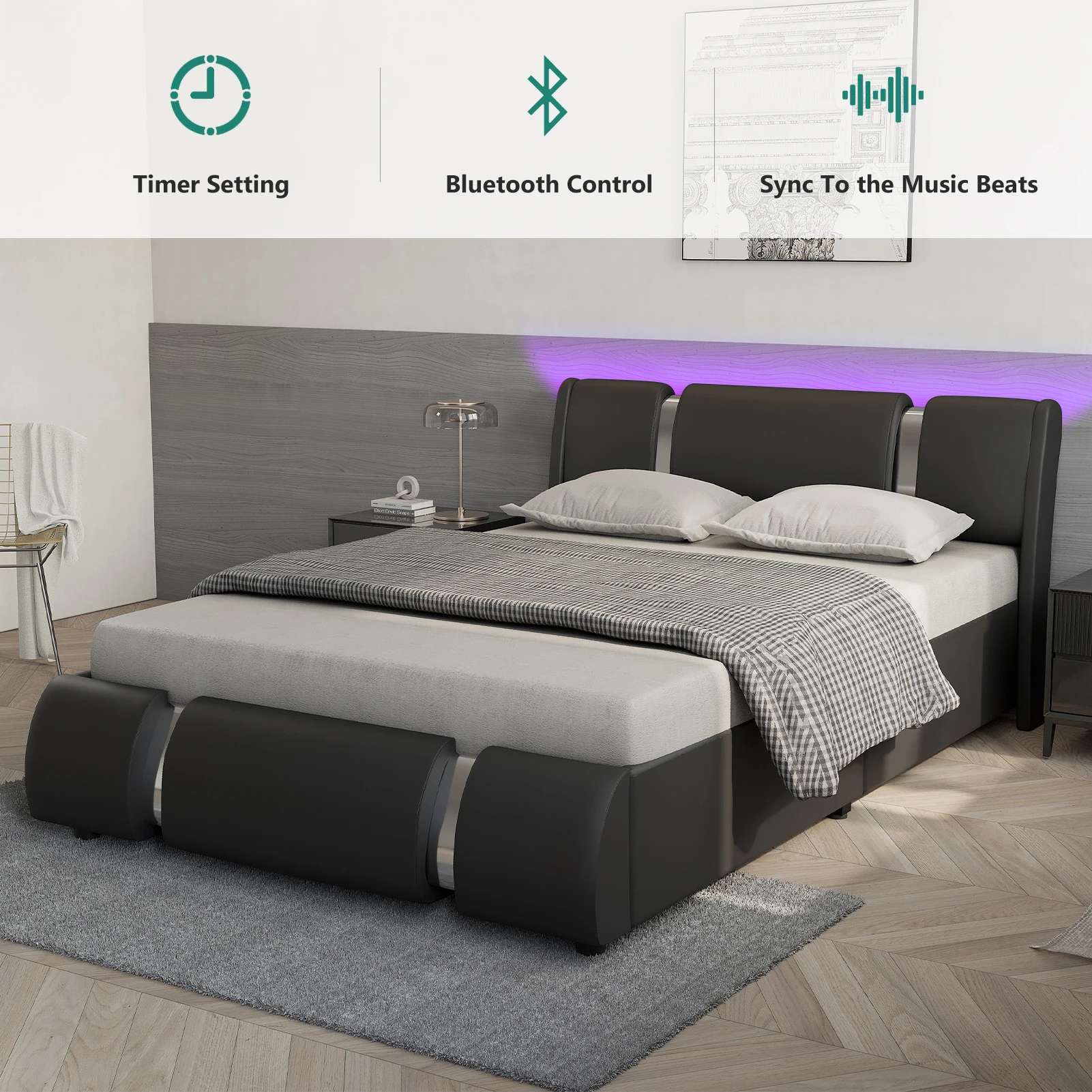 Queen-Full-LED-Bed-Frame-with-Adjustable-Headboard-Modern-Upholstered ...