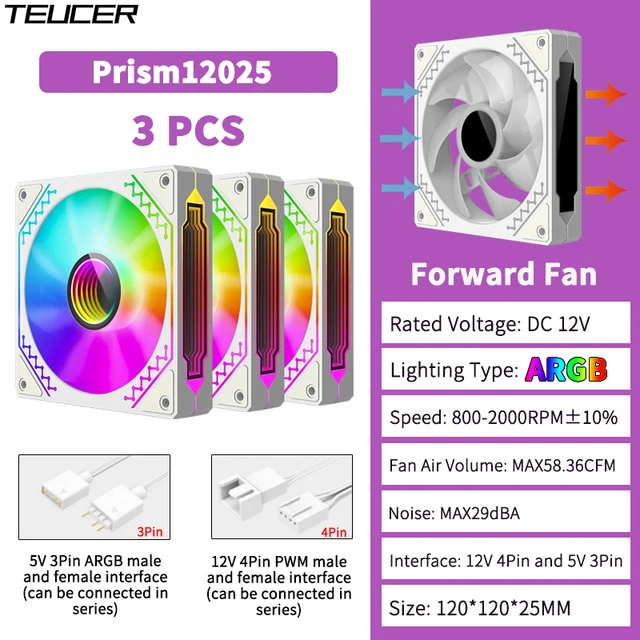 Tume-Prism12025 Ventilador Caso PC, 120mm, 5V, 3Pin, ARGB, Efeito de Luz Espelho Cíclico, PWM ...