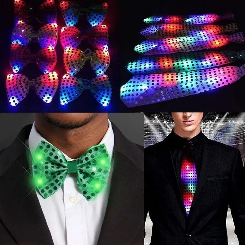 1X Flashing Light Up Bow Tie Necktie LED Mens Party Lights Sequins ...