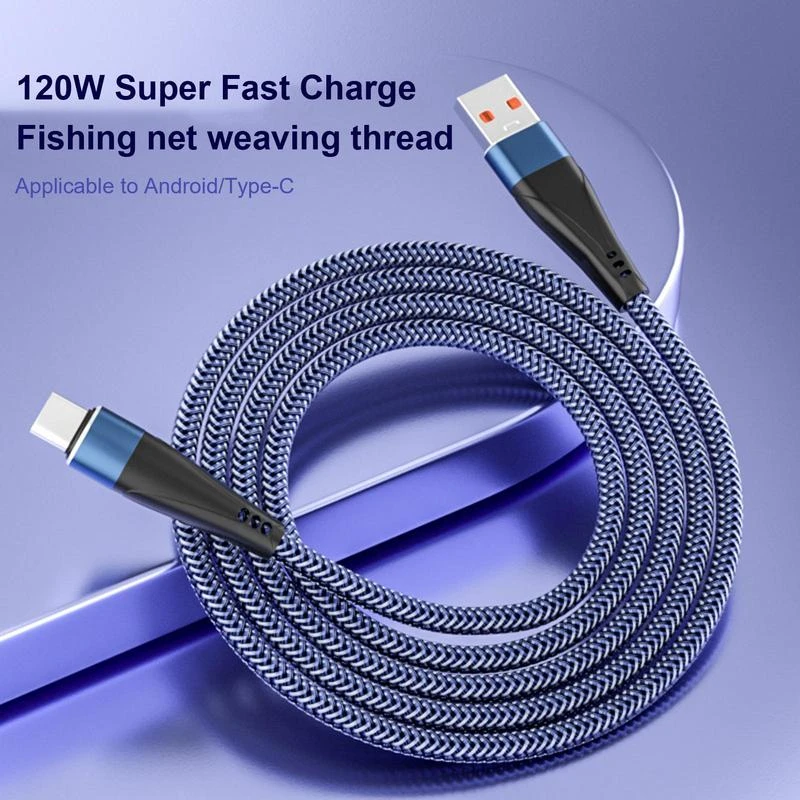 120W Type C Charging Cable Nylon Braided Mobile Phone Data Cable 10A ...